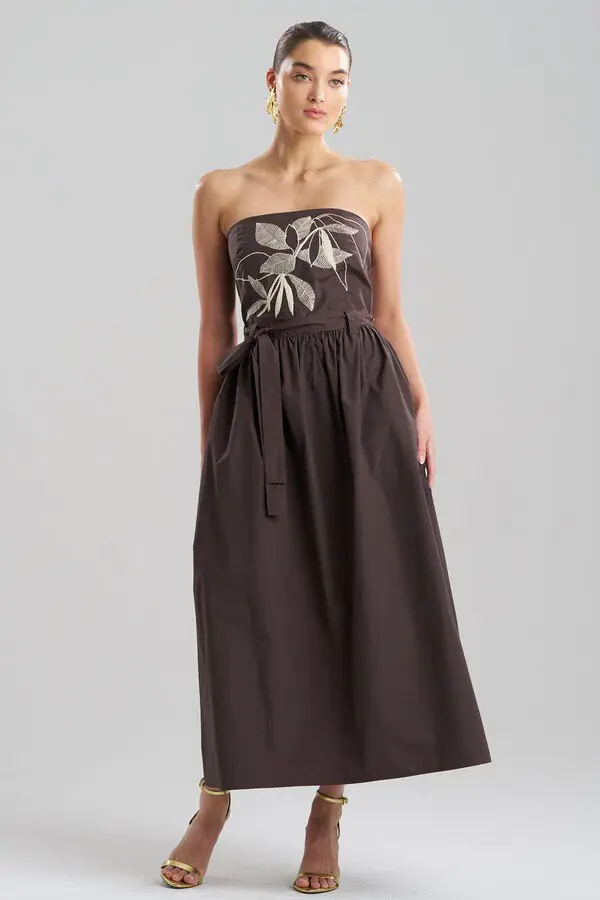 Natori Techno Poplin Embroidered Strapless Belted Dress