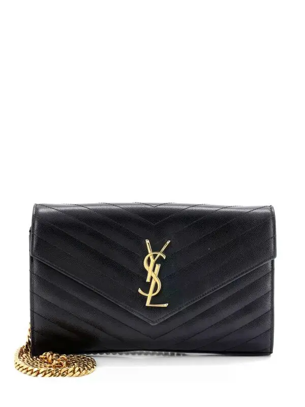 Saint Laurent Classic Monogram Wallet On Chain Matelasse Chevron Leather Medium Crossbody Bag - Black