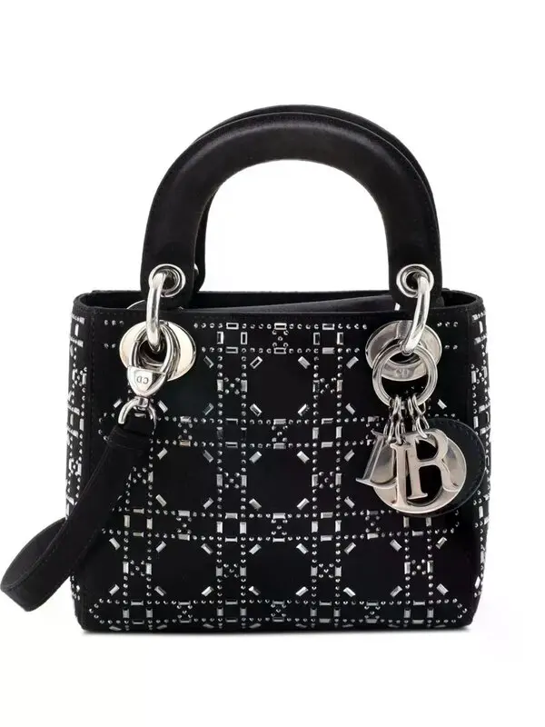 Dior Lady Crystal Embellished Cannage Quilt Mini Satchel - Black