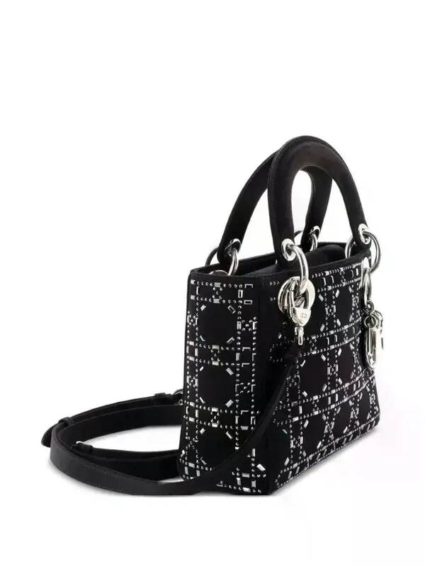Dior Lady Crystal Embellished Cannage Quilt Mini Satchel - Black