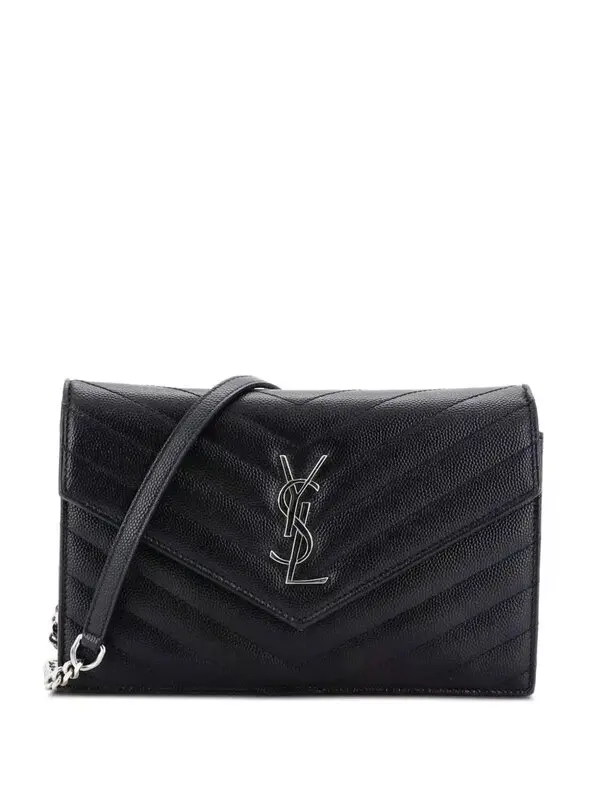 Saint Laurent Classic Monogram Wallet On Chain Matelasse Chevron Leather Small Crossbody Bag - Black