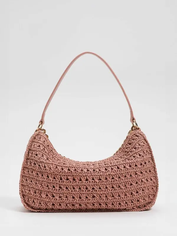 TWINSET Liliana Crochet Raffia Shoulder Bag With Mesh Appliqués - Brown