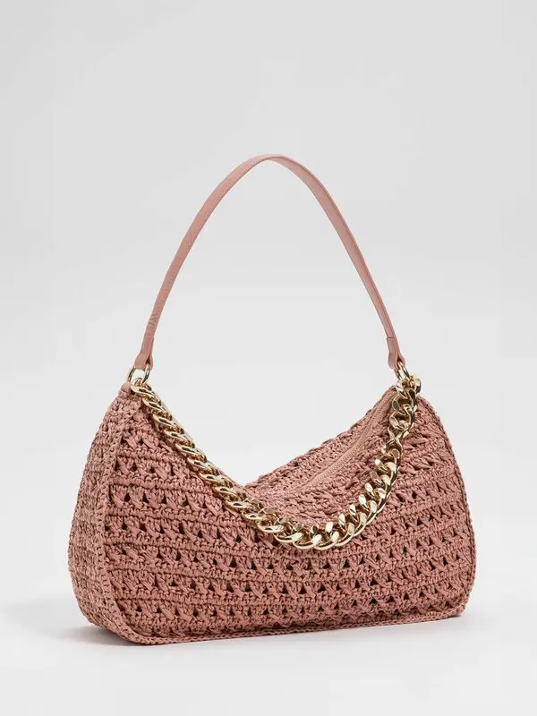 TWINSET Liliana Crochet Raffia Shoulder Bag With Mesh Appliqués - Brown