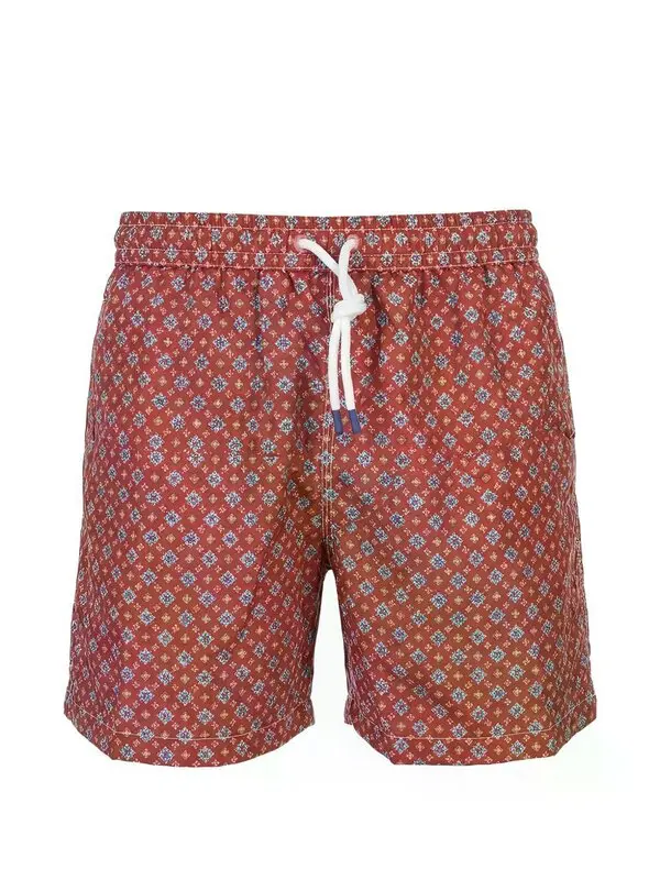 Fedeli Geometric-print Swim Shorts - Red