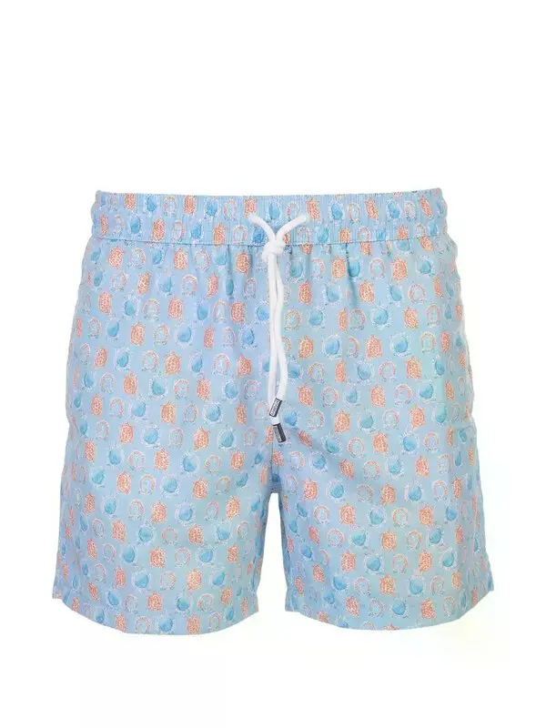 Fedeli Turtle-print Swim Shorts - Blue