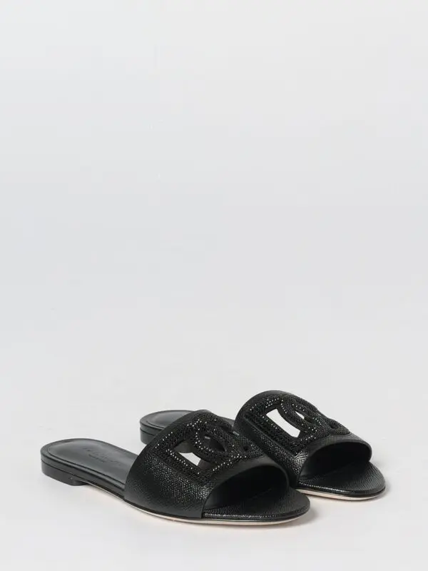 Dolce & Gabbana Grained Leather Sliders With Rhinestone Dg Monogram - Black