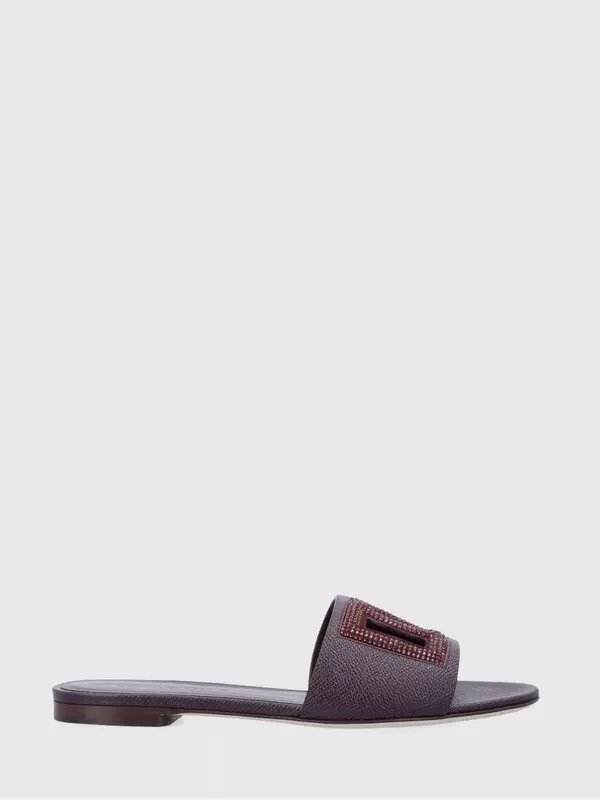 Dolce & Gabbana Grained Leather Sliders With Rhinestone Dg Monogram - Violet