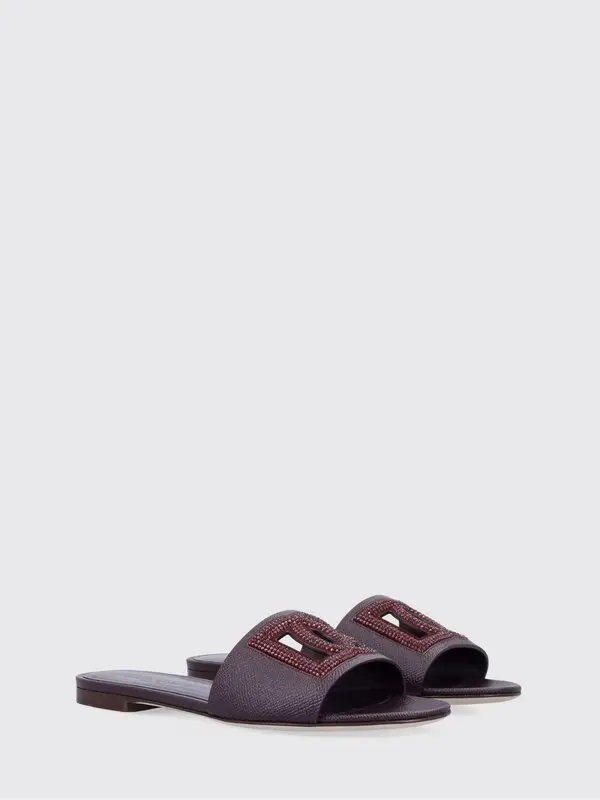 Dolce & Gabbana Grained Leather Sliders With Rhinestone Dg Monogram - Violet