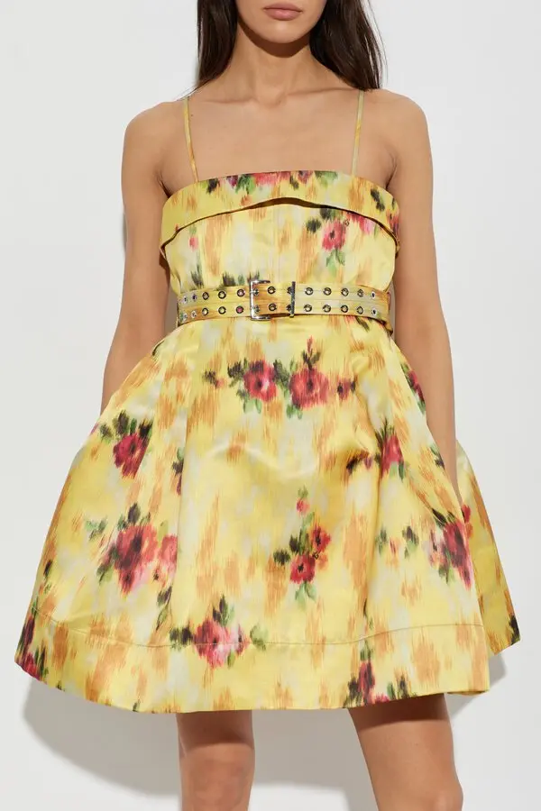 GANNI Belted Mini Dress - Yellow