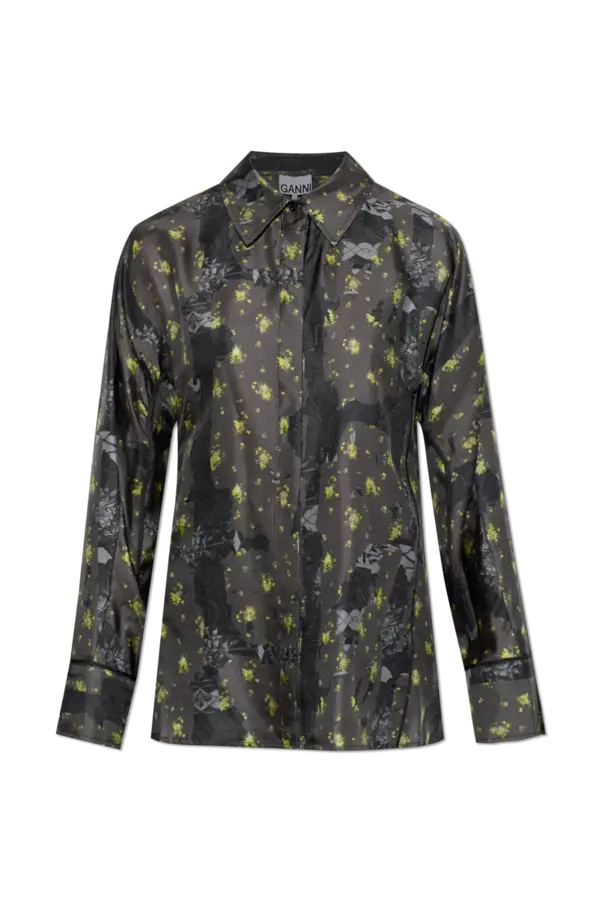 GANNI Silk Shirt With Waist Tie - Grey