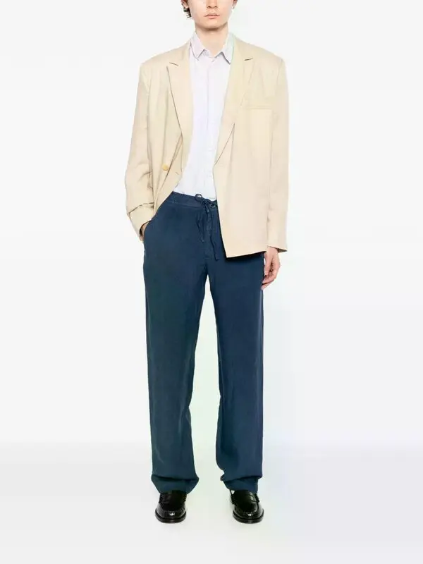 120% Lino Drawstring-waist Linen Trousers - Blue