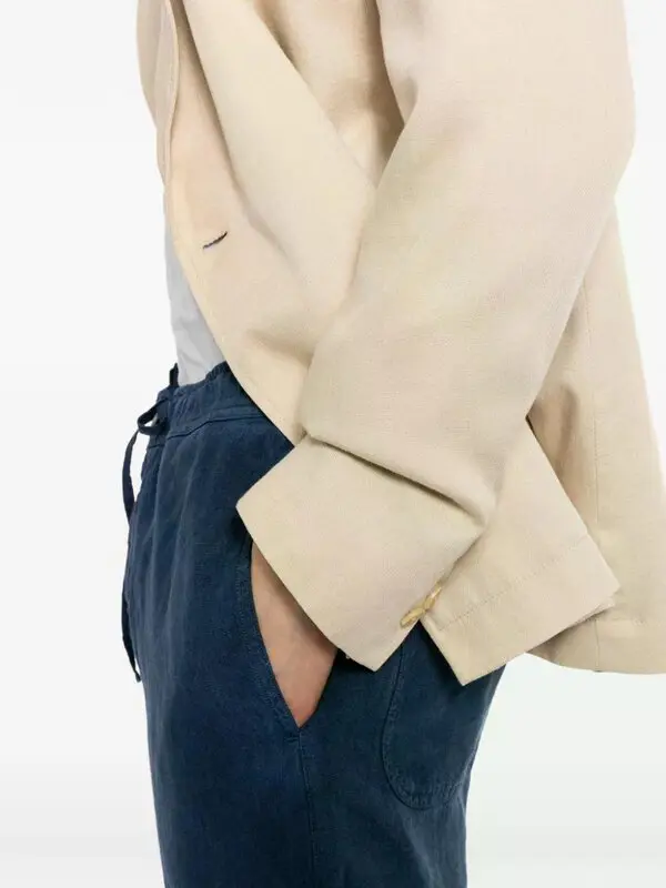 120% Lino Drawstring-waist Linen Trousers - Blue