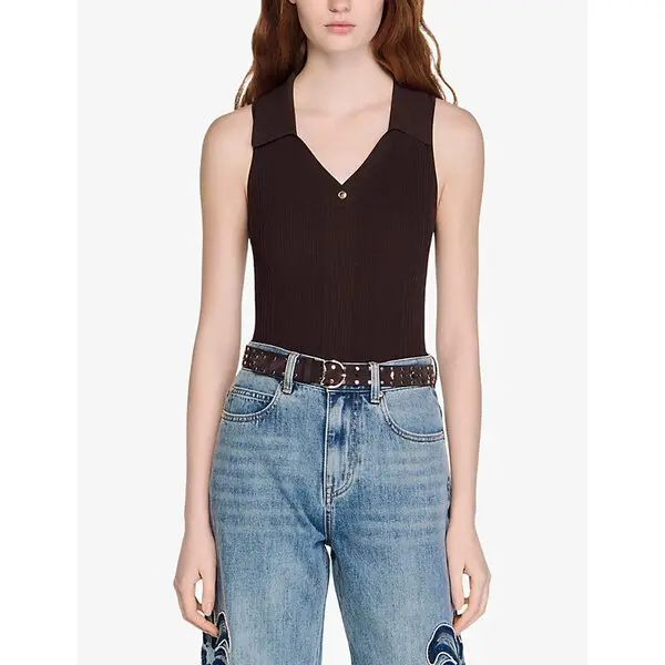 Sandro Ribbed Polo-collar Knitted Bodysuit