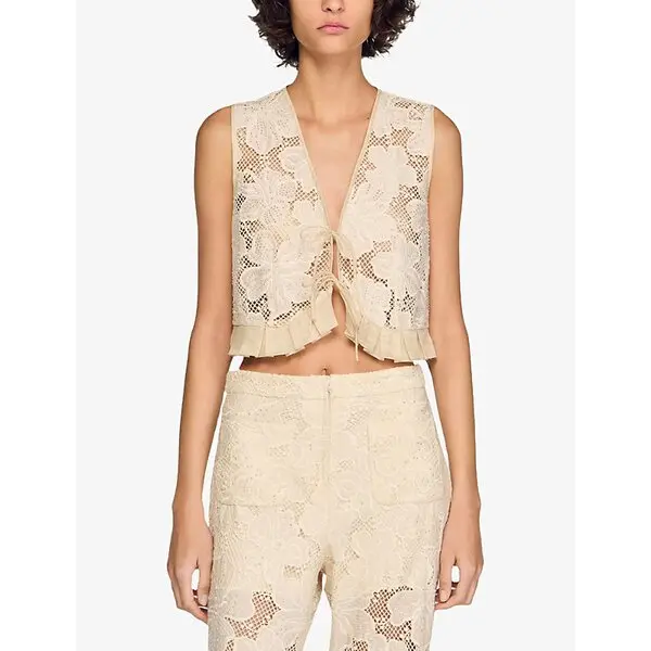 Sandro Floral Lace Tie-front Top - Ecru