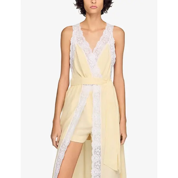 Sandro Sleeveless Lace-trim Linen-blend Maxi Dress
