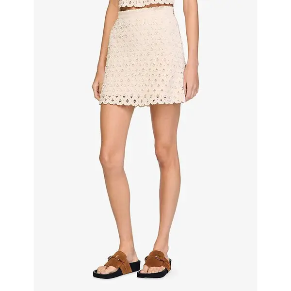 Sandro Beaded High-rise Crochet Mini Skirt - Ecru