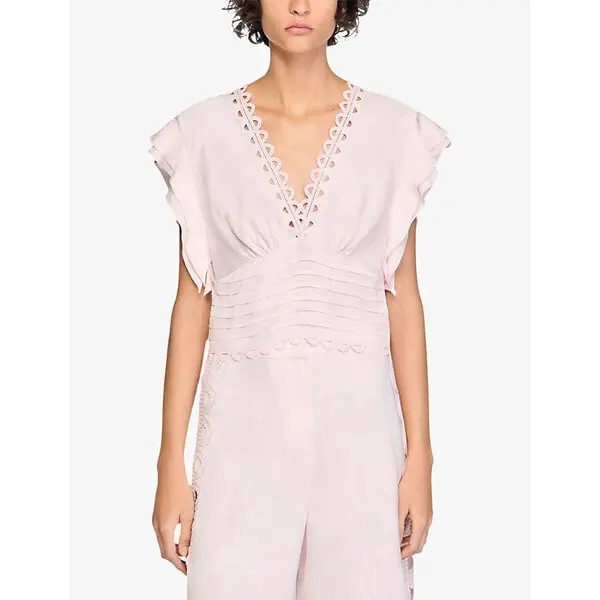 Sandro Floral Jacquard Tie-back Woven Top