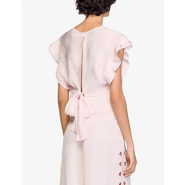 Sandro Floral Jacquard Tie-back Woven Top