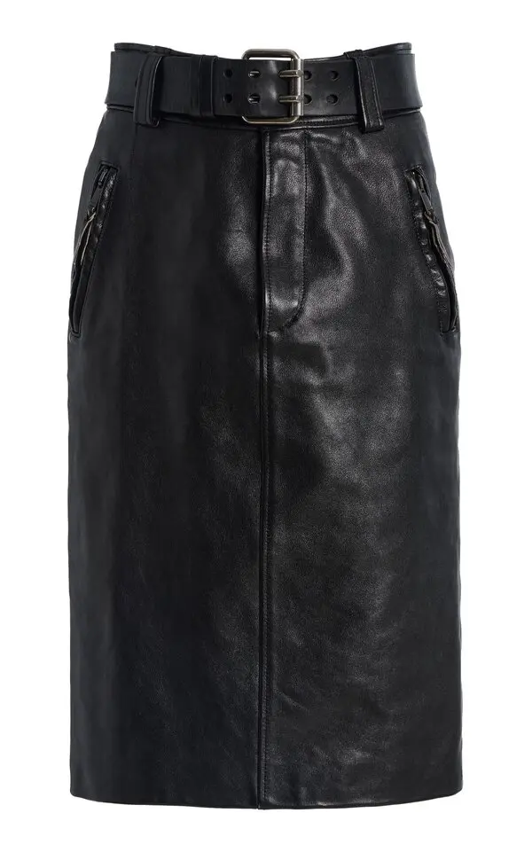 Saint Laurent Belted High-rise Leather Midi Skirt - Black