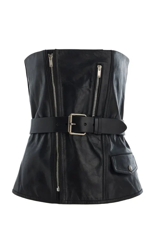 Saint Laurent Strapless Leather Biker Bustier Top
