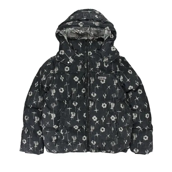 PURPLE BRAND Printed Corduroy Puffer Jacket - Black