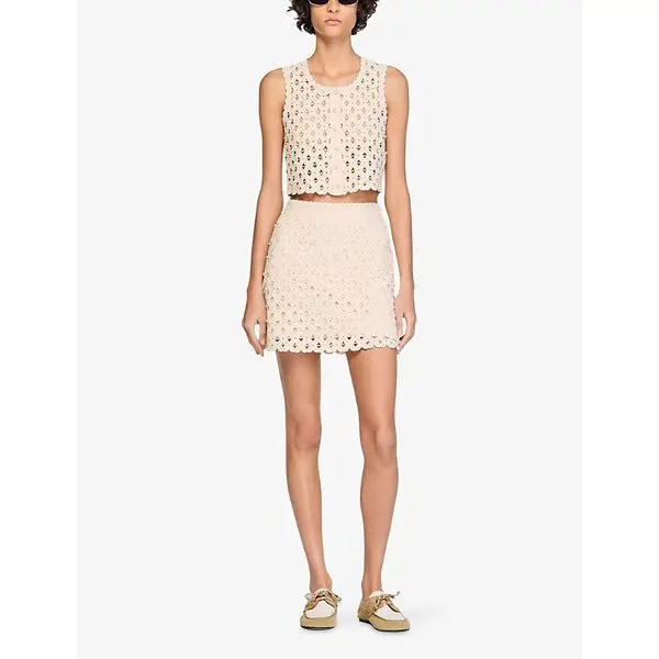 Sandro Cropped Bead-embellished Crochet Cardigan