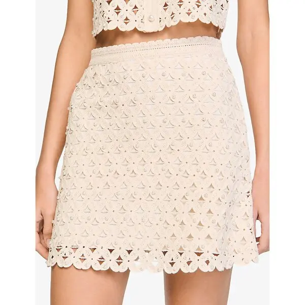 Sandro Beaded Crochet Mini Skirt - Ecru