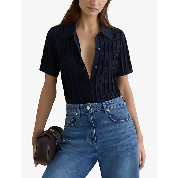 REISS Audrey Short-sleeved Knitted Shirt - Navy