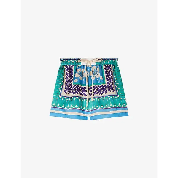 Sandro Drawstring Floral-print Woven Shorts - Green / Purple