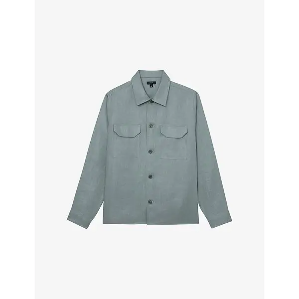 REISS Polasio Herringbone Linen Overshirt - Midnight Green