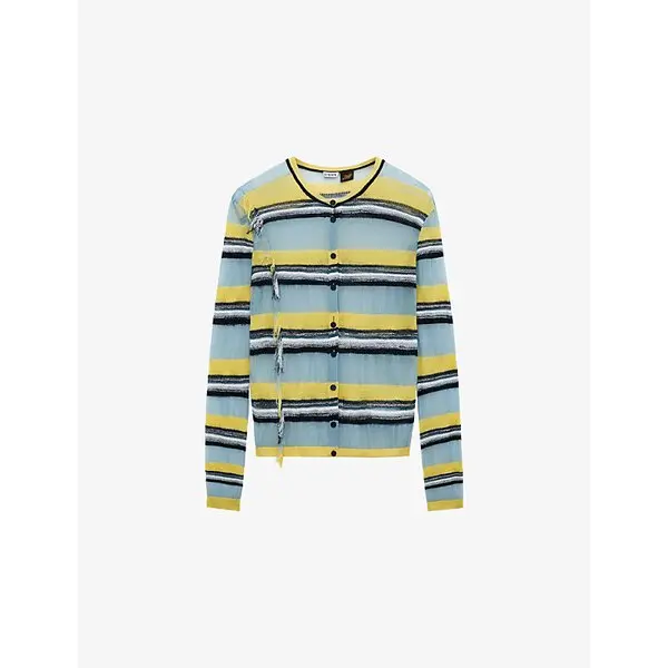 Loewe X Paula's Ibiza Stripe Frayed-trim Knit Cardigan - Blue/multicolor