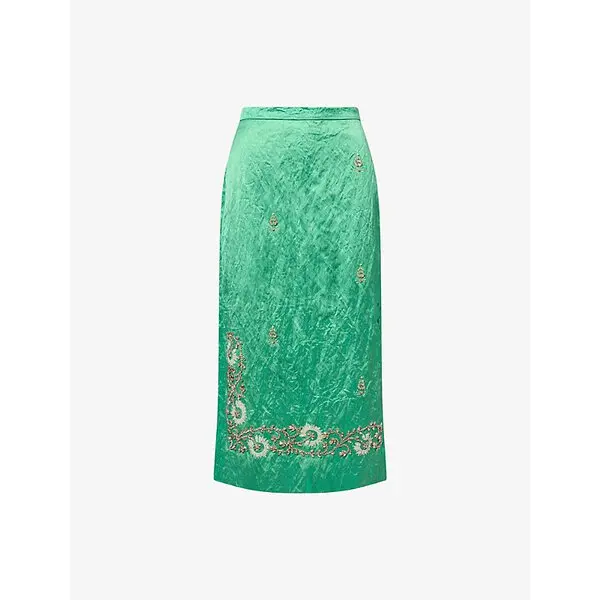 Erdem Embellished Textured Satin Pencil Midi Skirt - Sea Green
