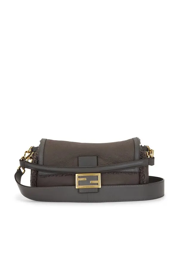 Fendi Shearling Baguette Shoulder Bag - Grey