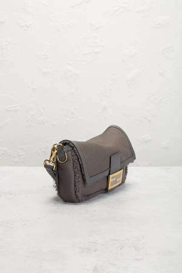 Fendi Shearling Baguette Shoulder Bag - Grey