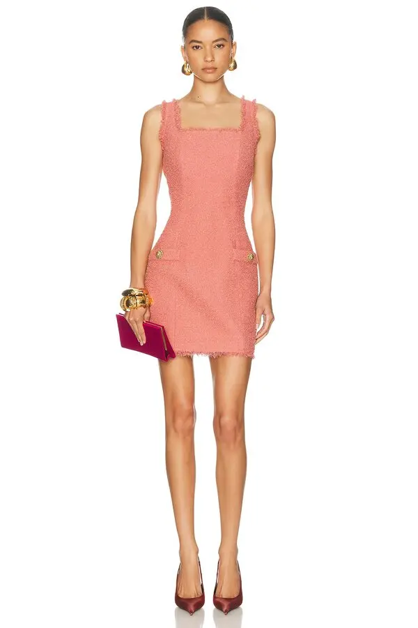 Balmain Two Pockets Straight Tweed Short Dress
