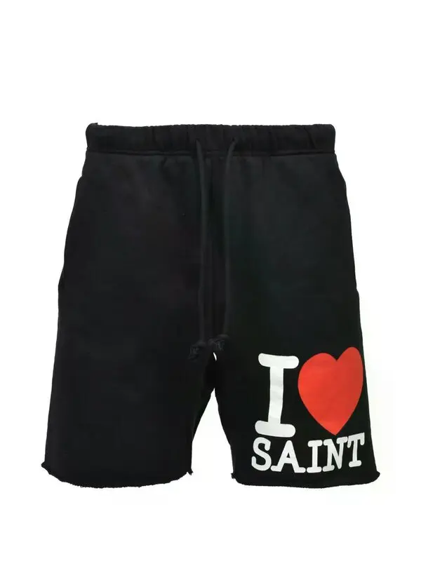 SAINT MXXXXXX Graphic-print Raw-hem Shorts - Black
