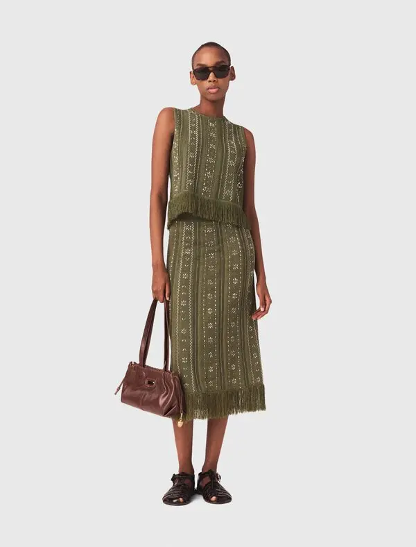 Maje Long Rhinestone Jacquard Knit Skirt - Khaki