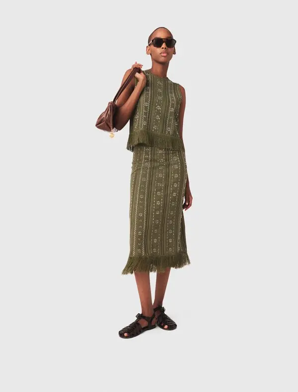 Maje Long Rhinestone Jacquard Knit Skirt - Khaki