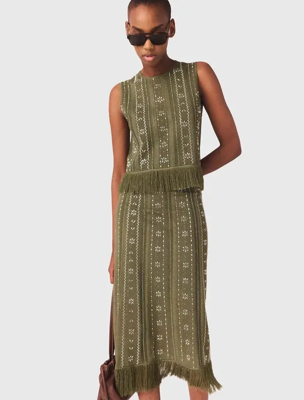 Maje Long Rhinestone Jacquard Knit Skirt - Khaki