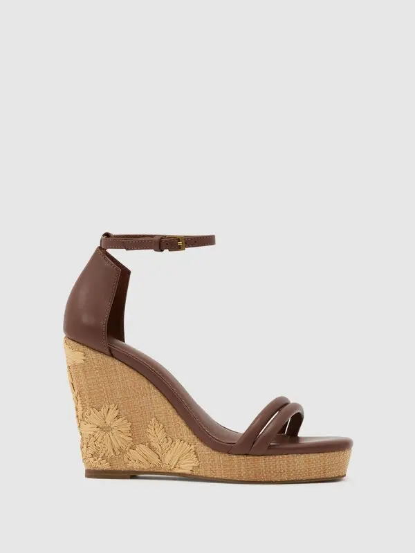 REISS Leather Embroidered Wedge Sandals