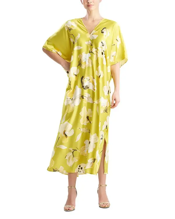 Natori Aurelia Printed Charmeuse Waterfall Caftan - Chartreuse