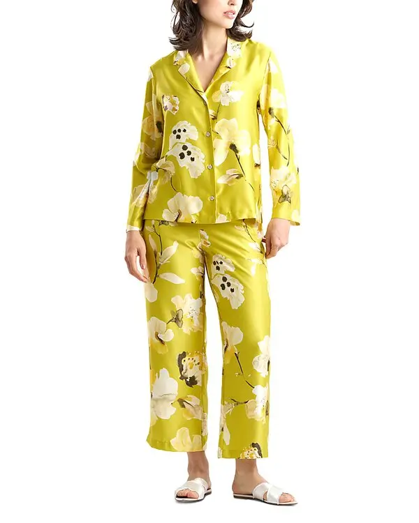 Natori Aurelia Printed Charmeuse Notch Pajama Set - Chartreuse