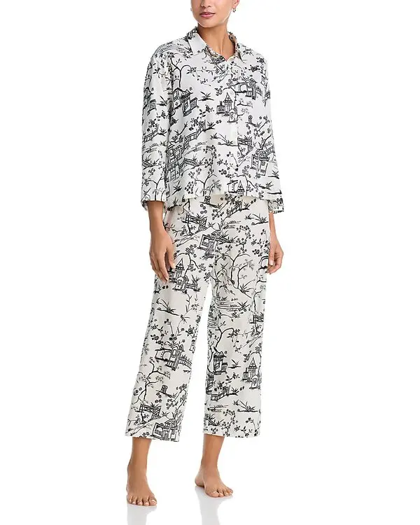 Natori Toile Satin Notch Pajama Set - Warm White
