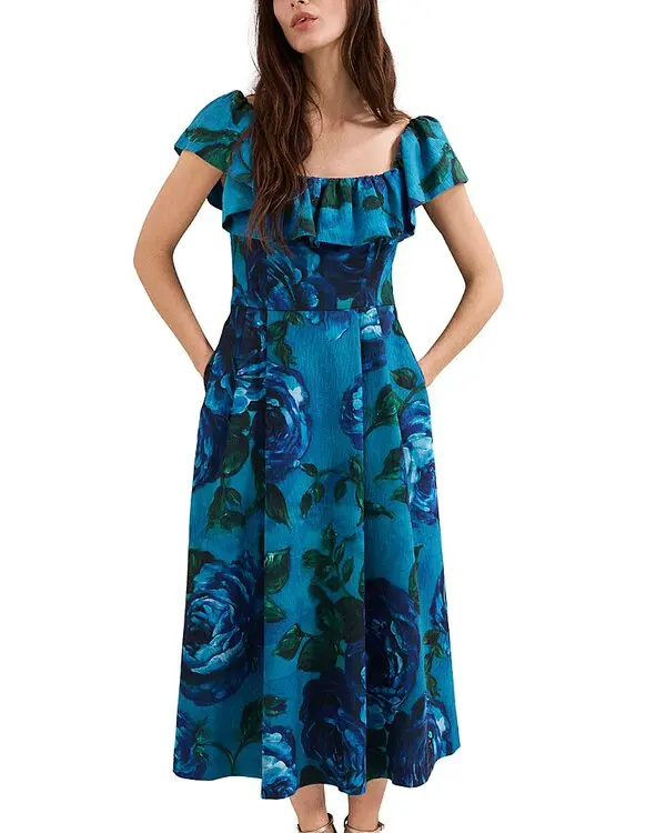 PHASE EIGHT Brianne Floral Ruffle Midi Dress - Blue