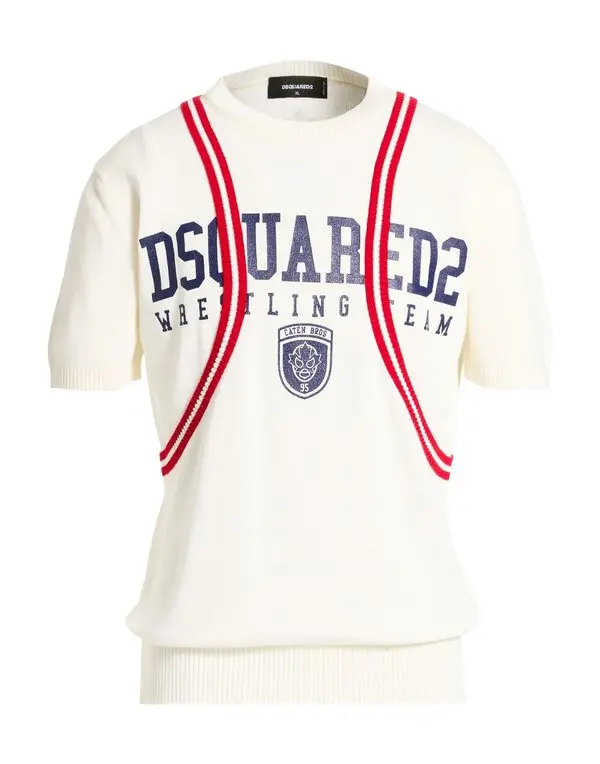 Dsquared2 Short Sleeve Cotton Knit Sweater With Logo Print And Piped Trims