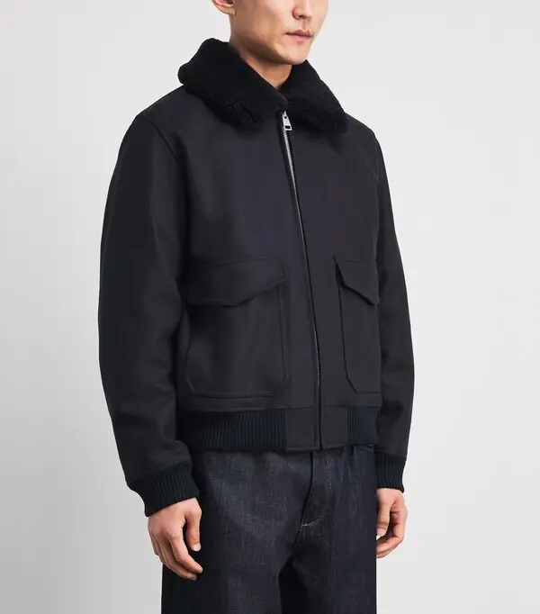 Sandro Wool-blend Aviator Jacket With Shearling Collar - Blue