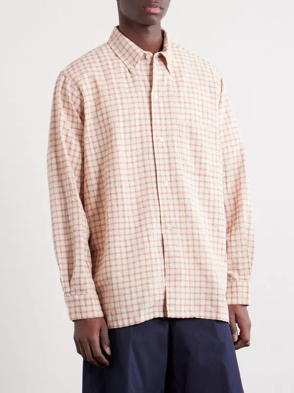 BEAMS Button-down Seersucker Checked Cotton And Linen-blend Shirt