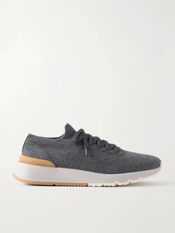 Brunello Cucinelli Leather-trimmed Stretch-knit Sneakers - Gray