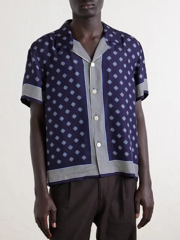 BODE Camp-collar Printed Silk-voile Shirt - Blue