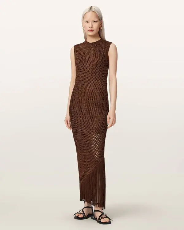 ALLSAINTS Knitted Tasseled Midi Dress - Burnt Brown